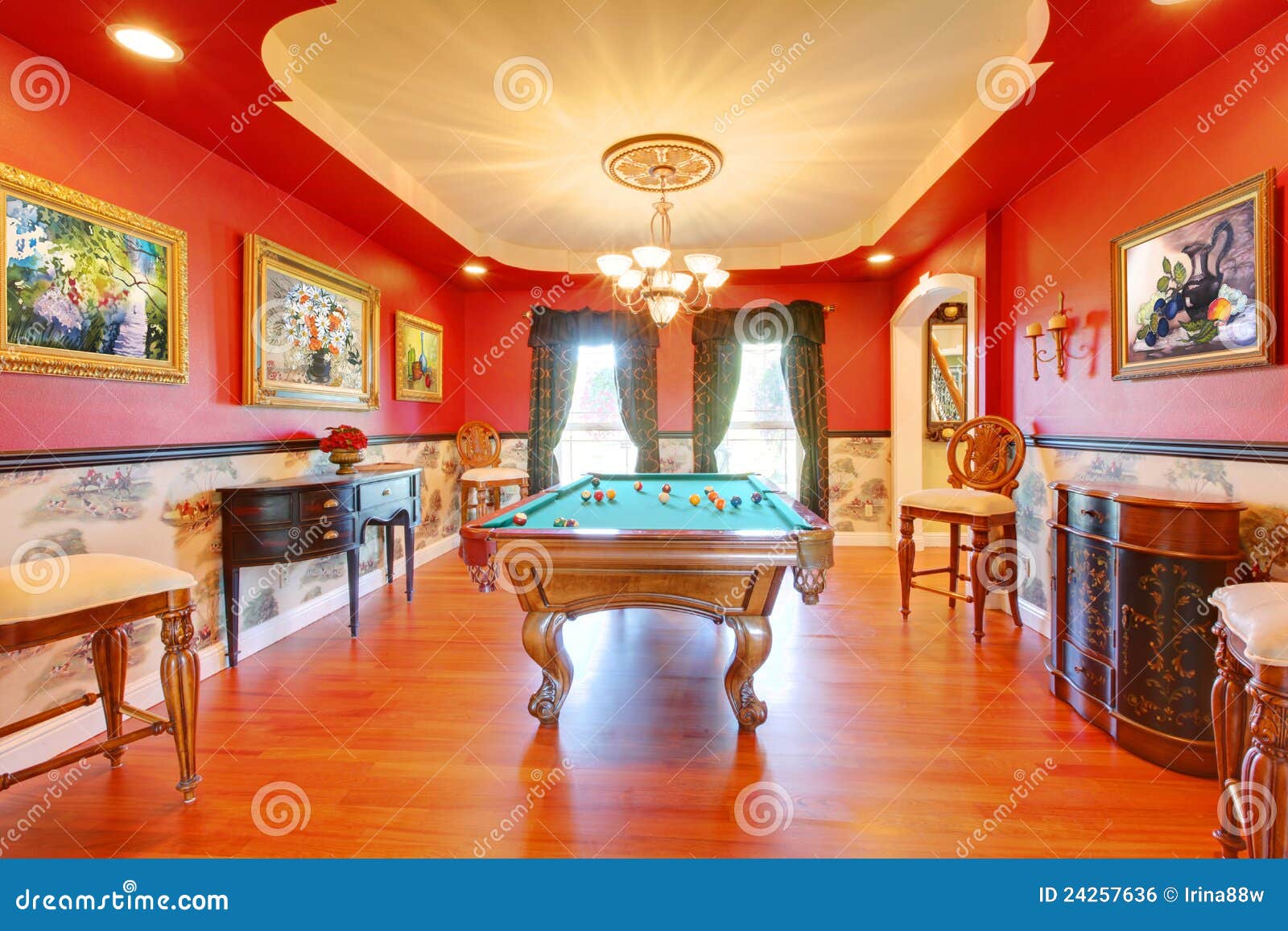 Red Billiard Luxury Room with Play Pool. Stock Photo - Image of ...