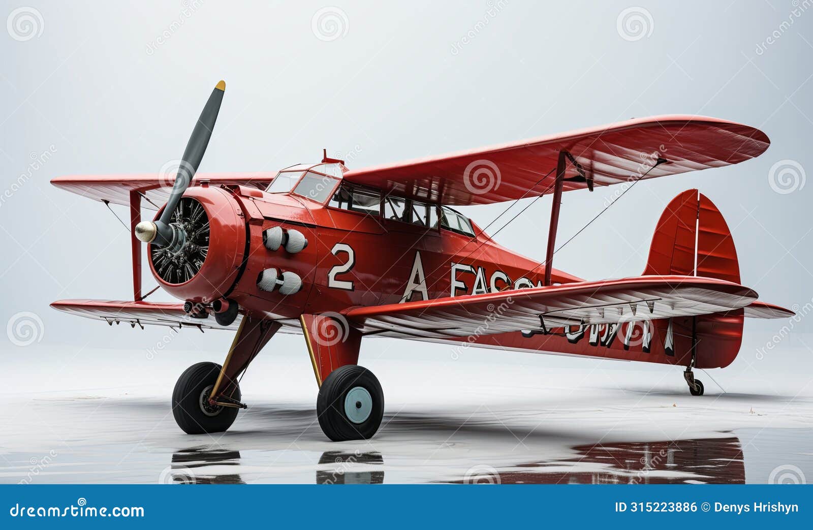 Red Biplane with Propeller on Reflective Surface Stock Photo - Image of ...