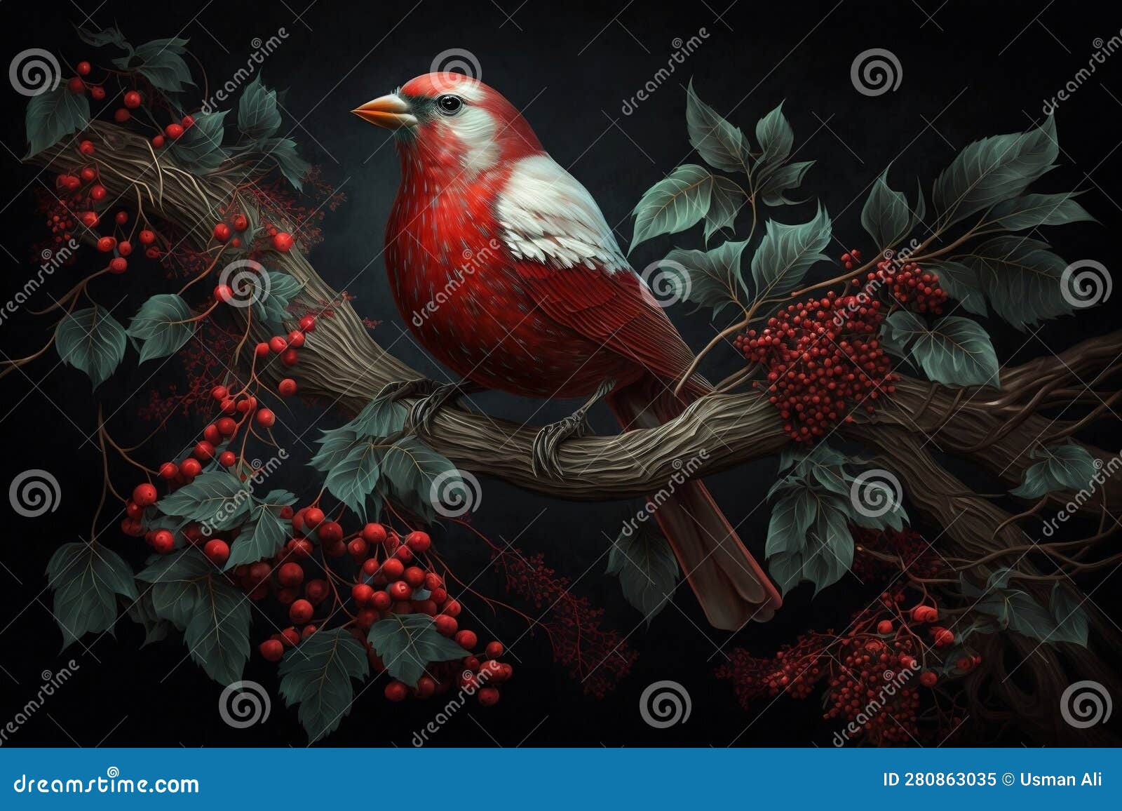 Red Bird Perched on Flowered Tree Branch. AI Stock Illustration ...
