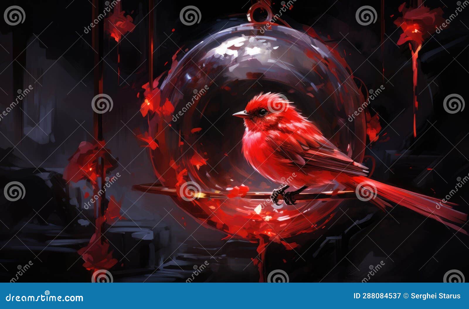 A Red Bird Sits on a Glass Cage with Red Blood, AI Stock Illustration ...