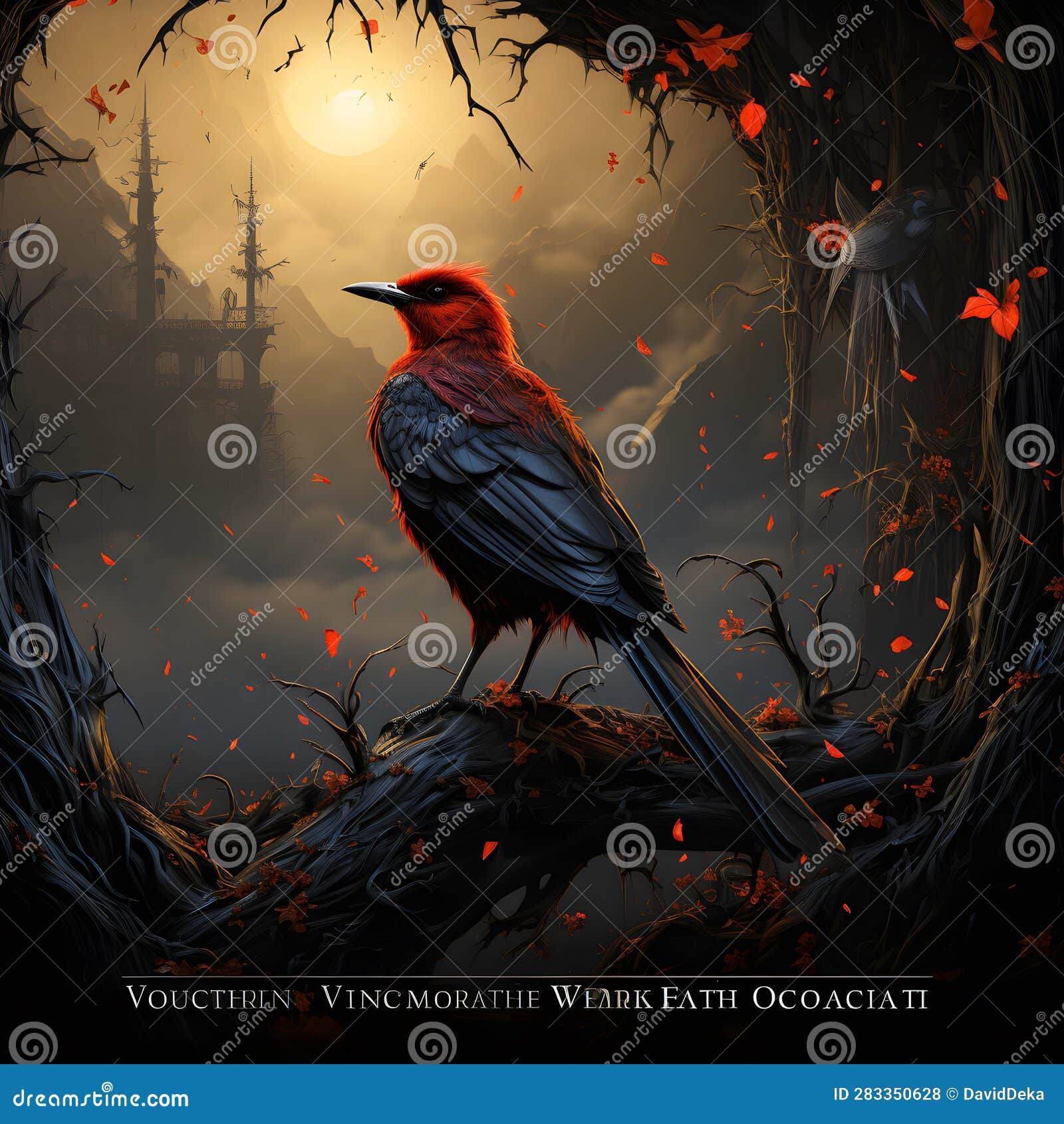 Red Bird on a Tree in the Forest at Sunset. Vector Illustration Stock ...