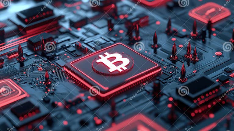 A Red Bitcoin Symbol on a Computer Chip, AI Stock Image - Image of ...