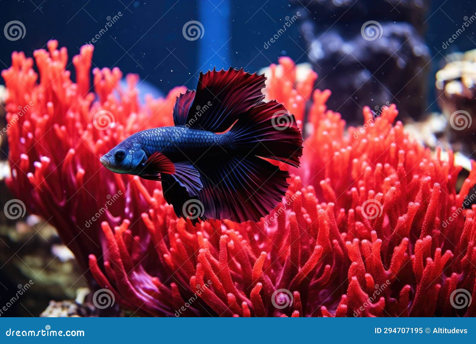 A Red and Black Betta Fish Floating Inside an Aquarium Stock Image ...