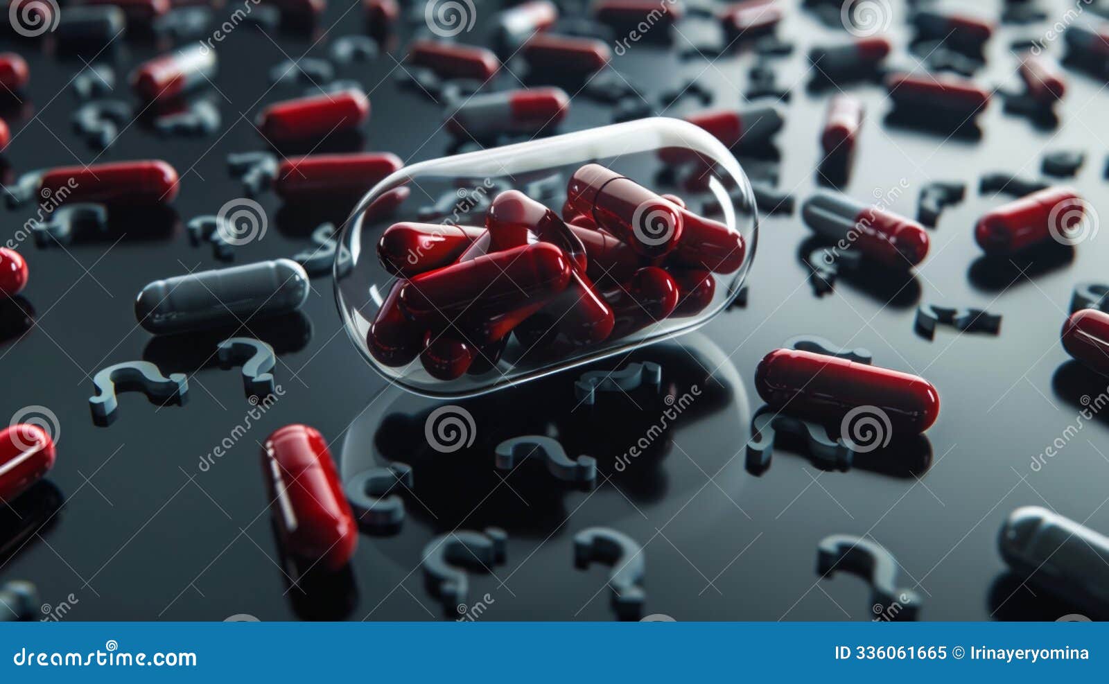 Red and Black Capsules Spilling from Container, Surrounded by Question ...