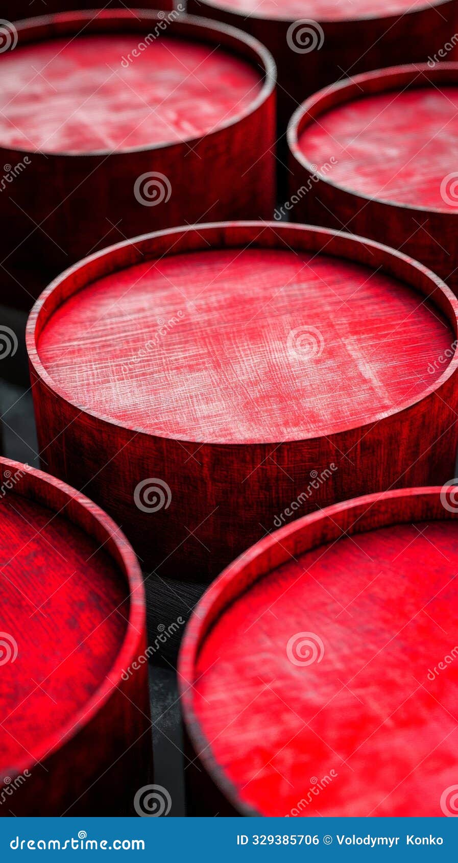 Red and Black Circular Wooden Containers with Textured Surfaces Stock ...
