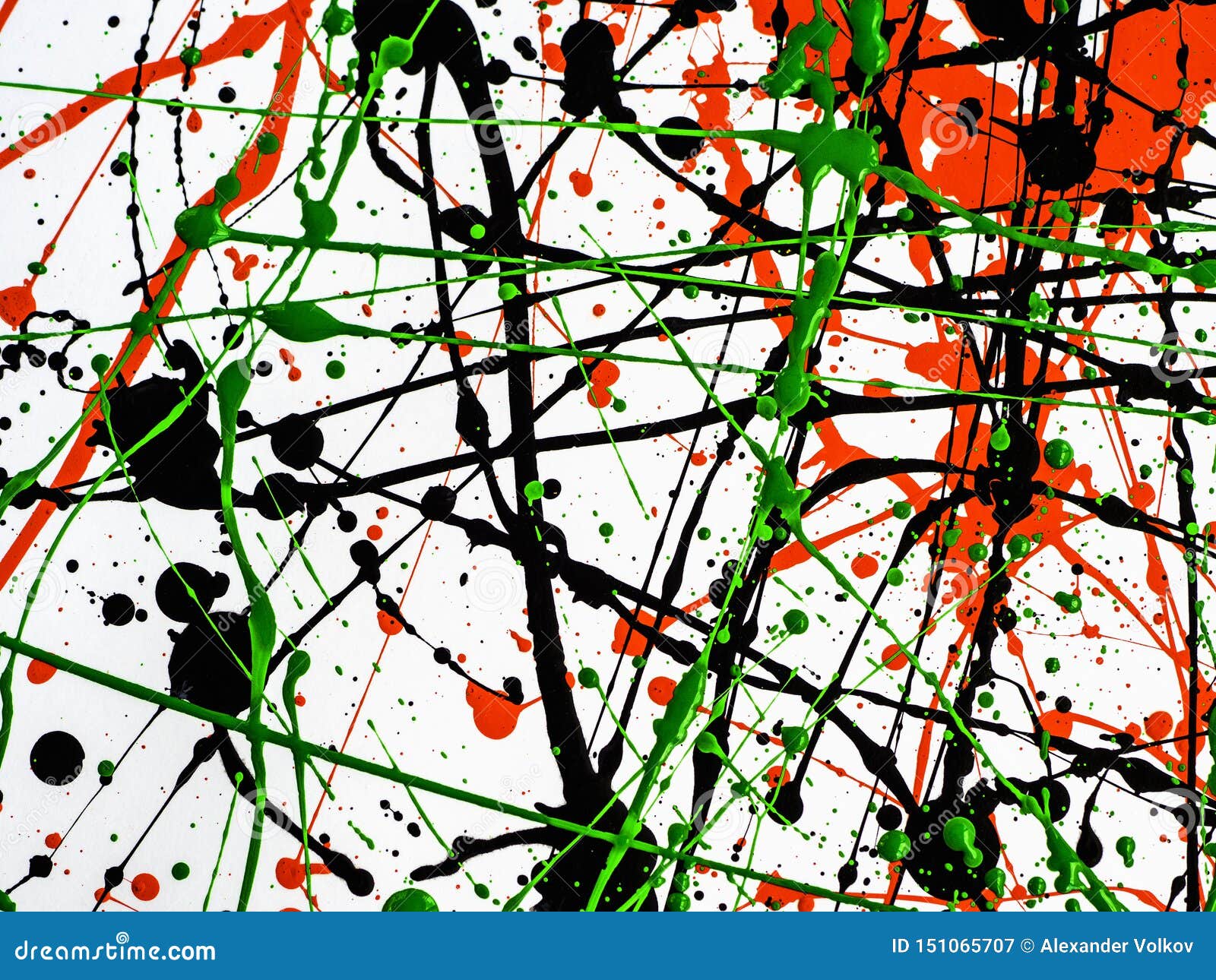Red Black Green Paint Splattered with Lines and Drops on a White ...