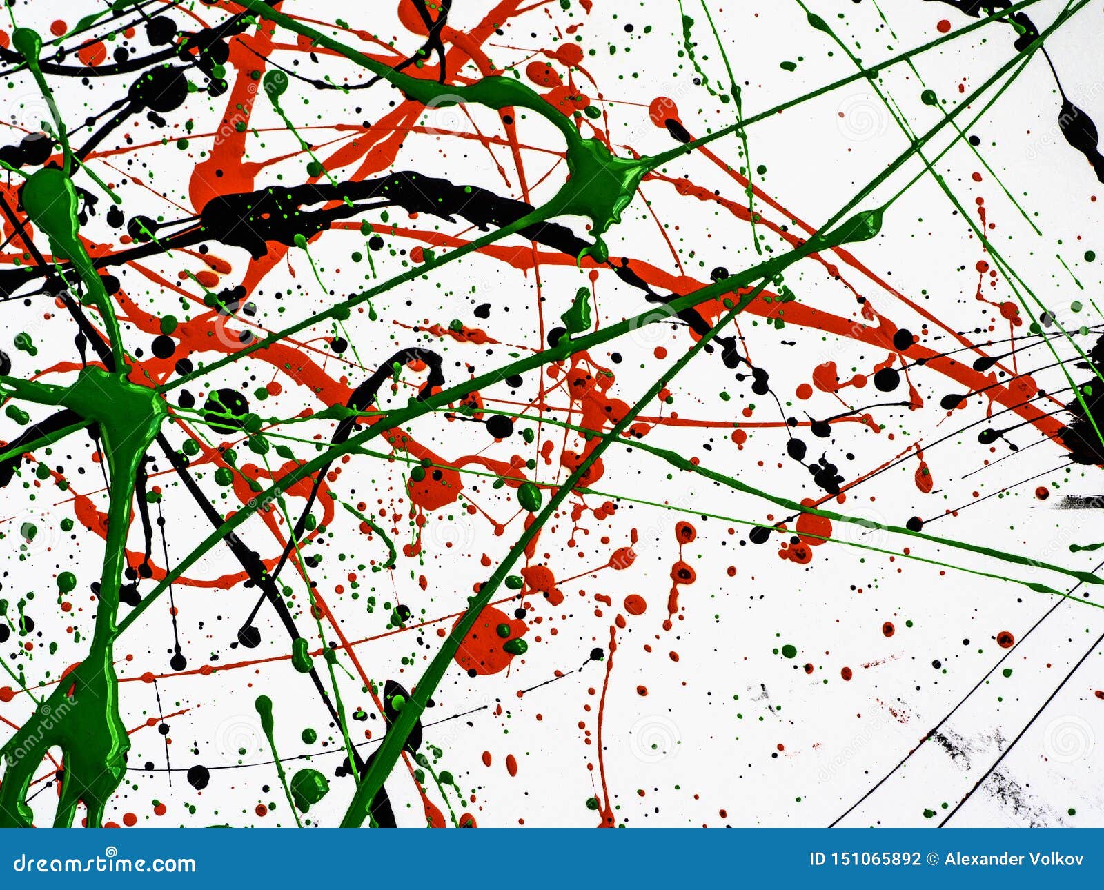 Red Black Green Paint Splattered with Lines and Drops on a White ...