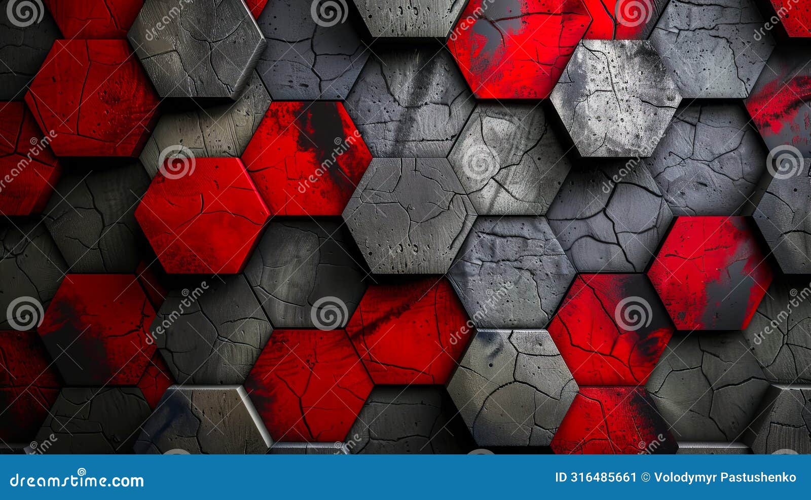 A Red and Black Hexagonal Wall with Cracks Stock Image - Image of ...