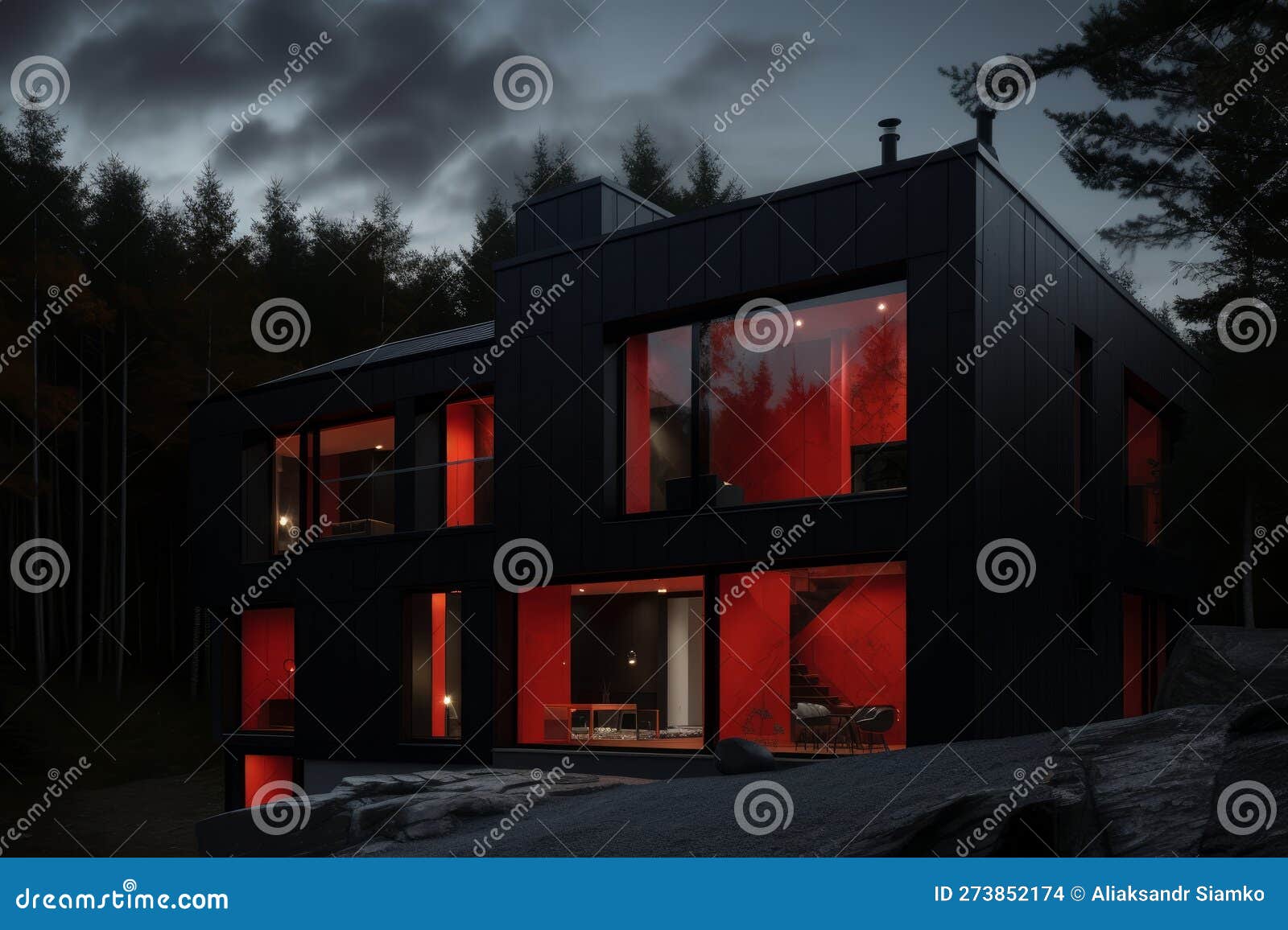 Red and Black House Design in a Dark Place Stock Illustration ...