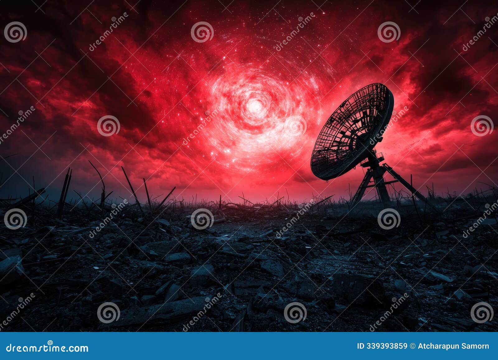 A Red and Black Image of a Space Scene with a Satellite Stock Image ...