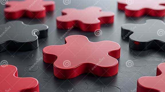 Red and Black Interlocking Puzzle Pieces on Grey Surface a Top View of ...