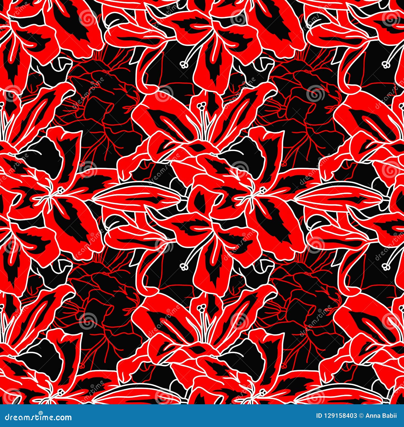 Red and Black Lilly Flowers Seamless Pattern. Vector Illustration ...