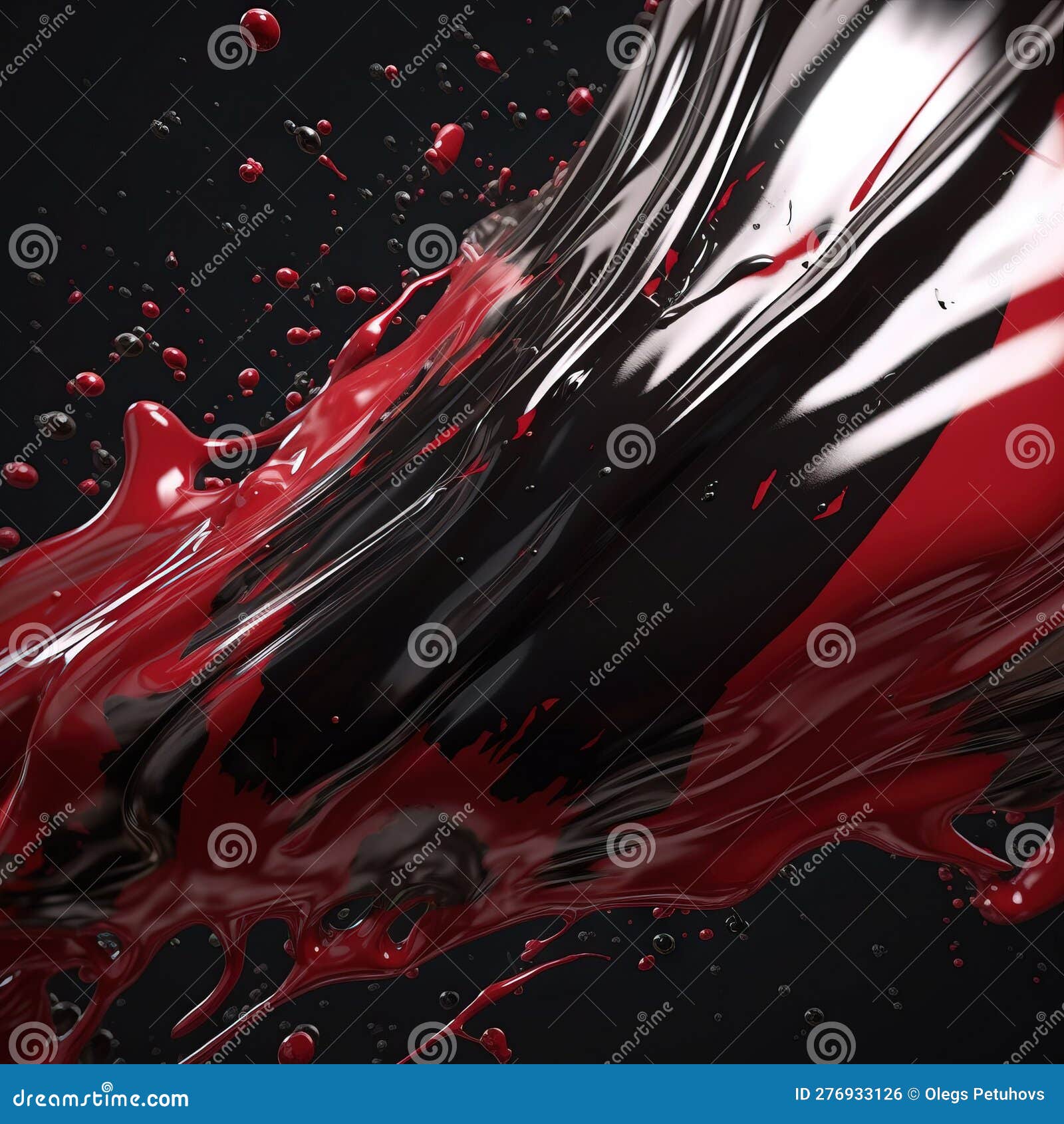 A Red and Black Liquid Splashing on a Black Surface with a Red and White Stripe on the Bottom of ...