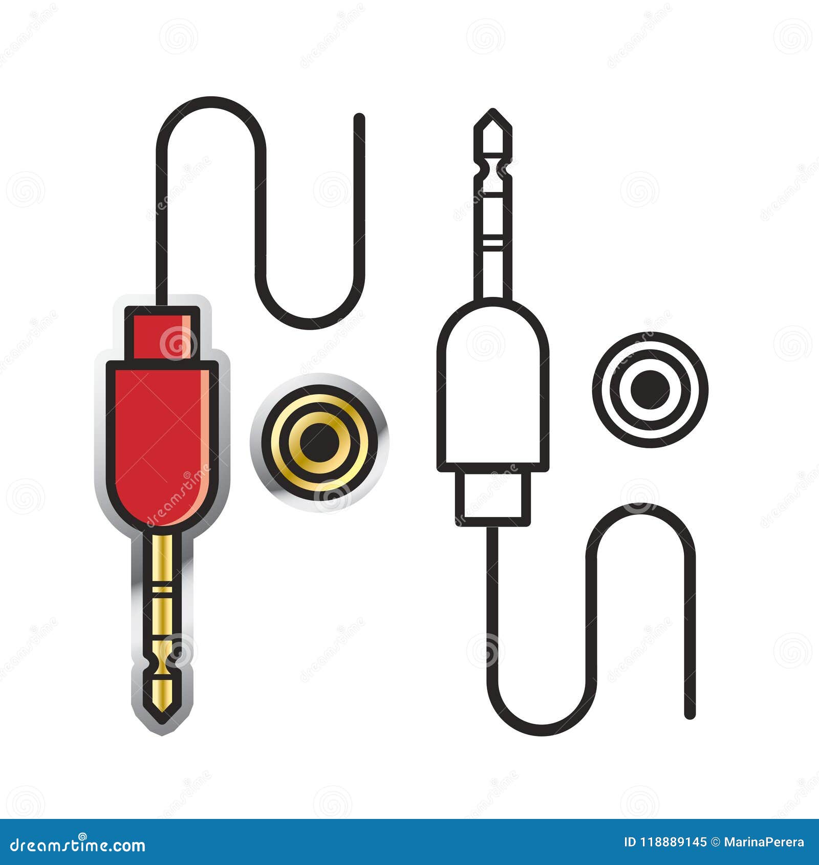 Isolated Audio Jack & Socket with Cable Stock Vector - Illustration of ...