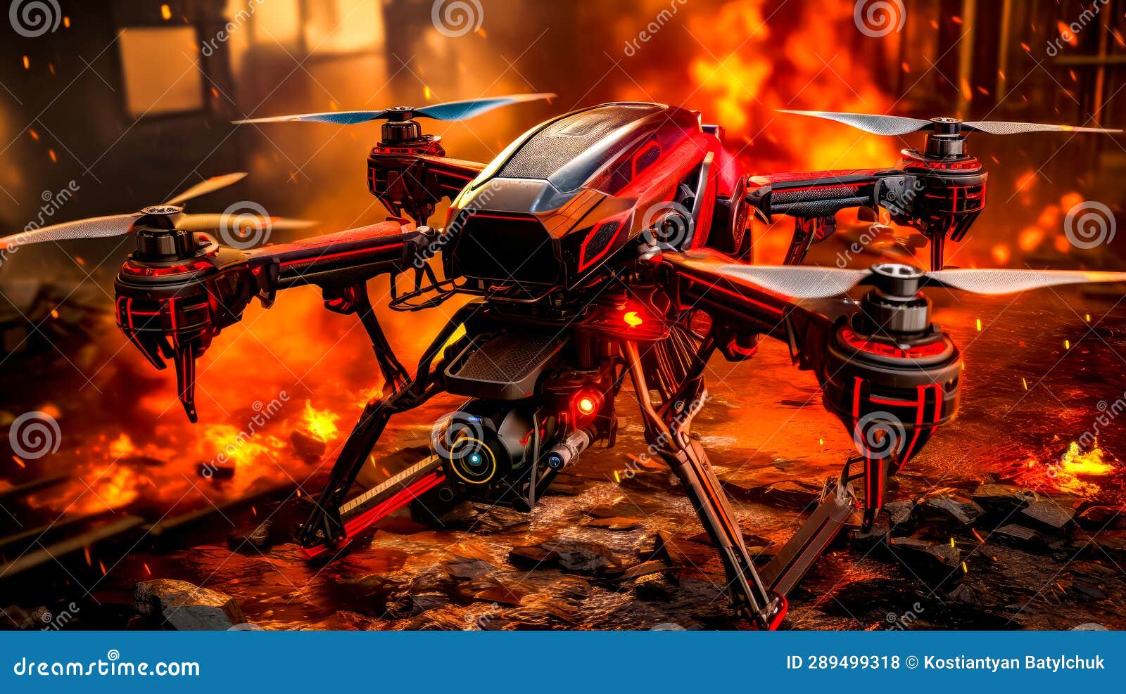 Red and Black Remote Controlled Helicopter on Rocky Ground with Flames ...