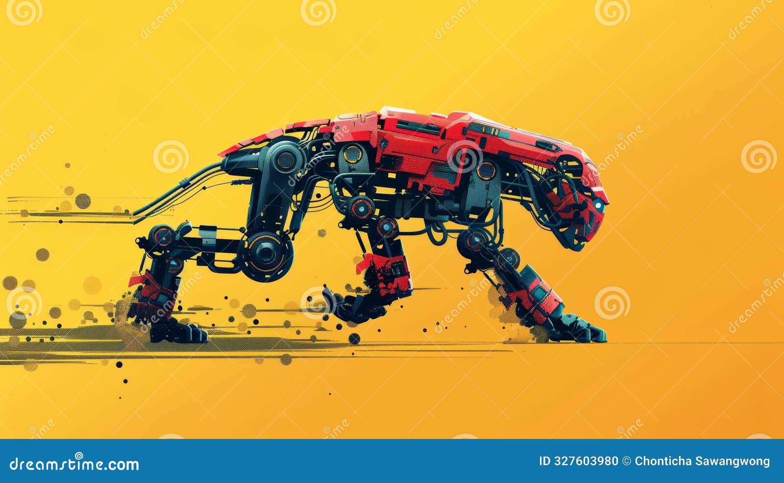 A Red and Black Robotic Cheetah Runs Across a Yellow Background with ...