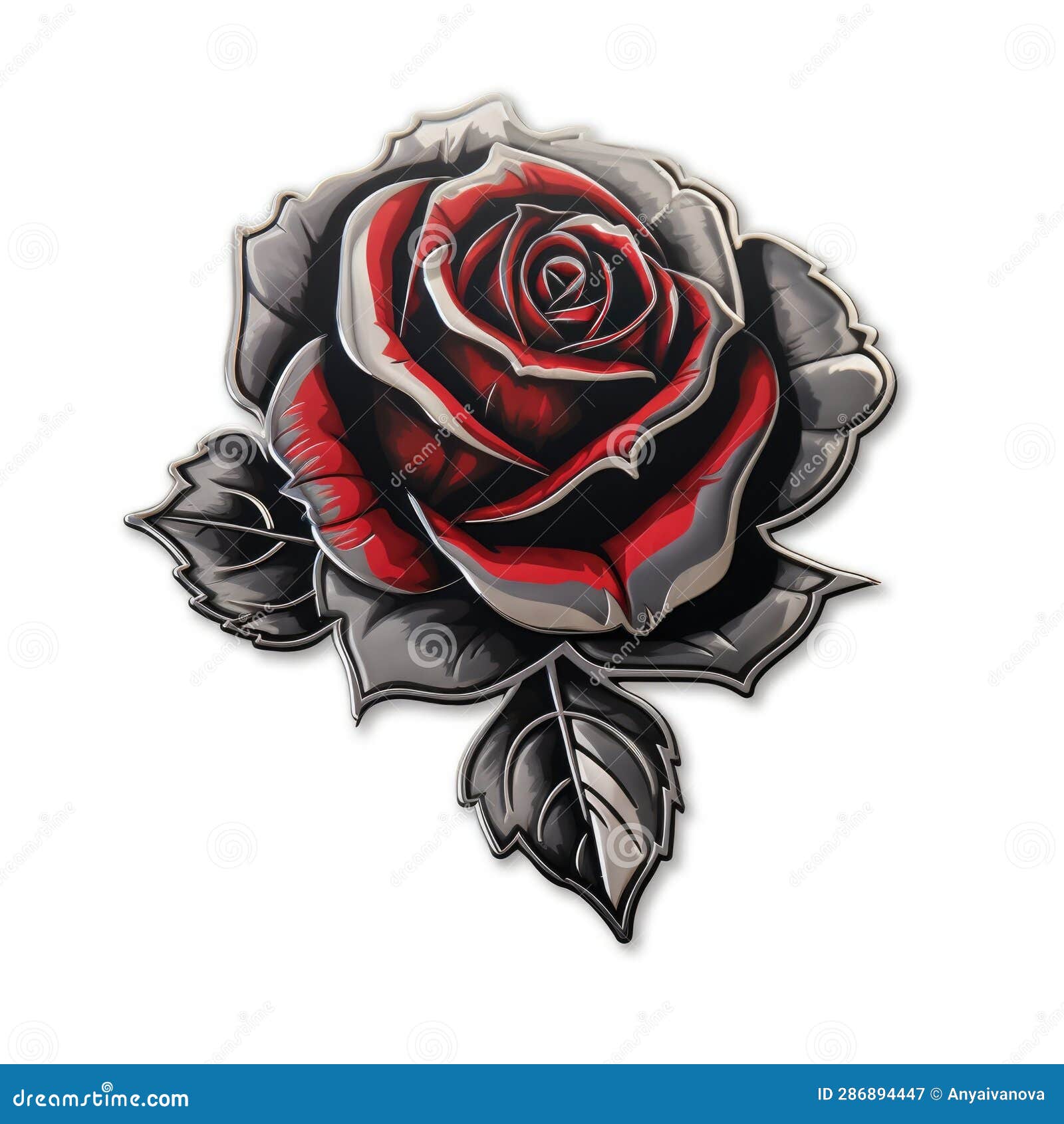 A Red and Black Rose with Leaves on a White Background. Stock ...