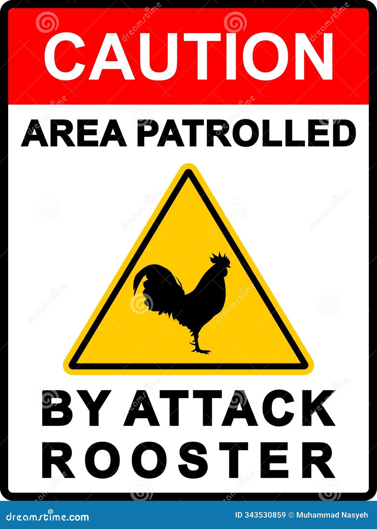 Red and Black Warning Sign with Rooster Icon, Caution Area Patrolled by ...