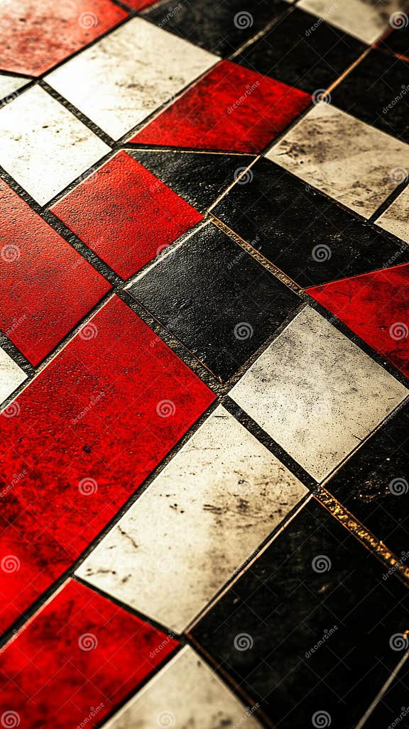 Red, Black, and White Checkered Tiles in a Geometric Pattern Stock ...
