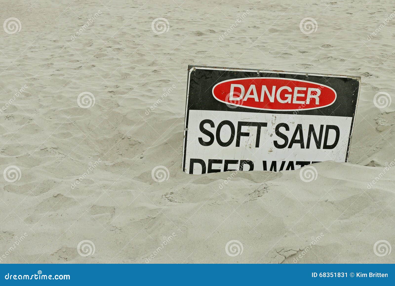 Red, Black and White Danger, Soft Sand, Deep Water Sign on the Beach ...