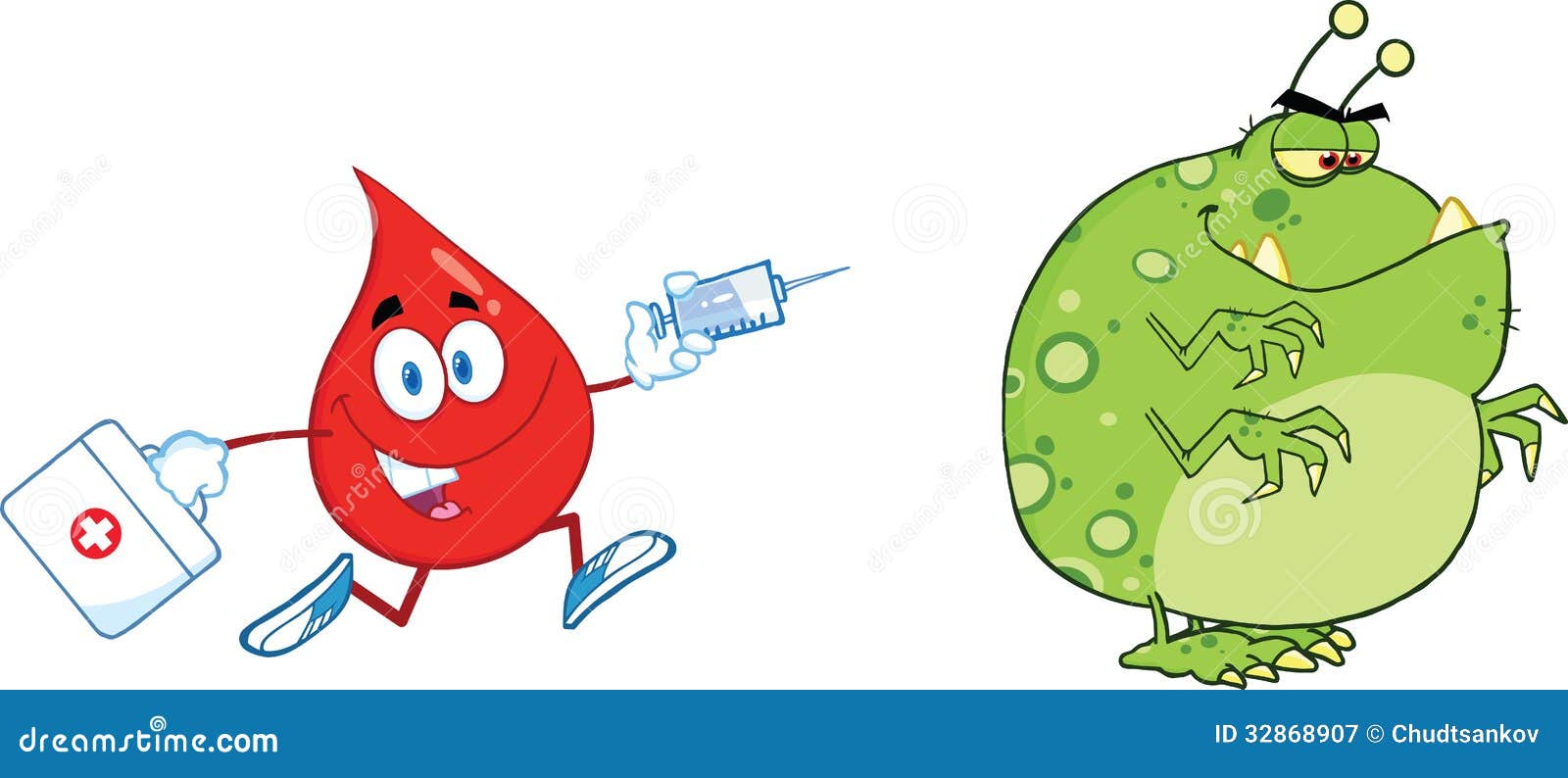 Red Blood Drop Character Chasing with a Syringe Germ or Virus Stock ...