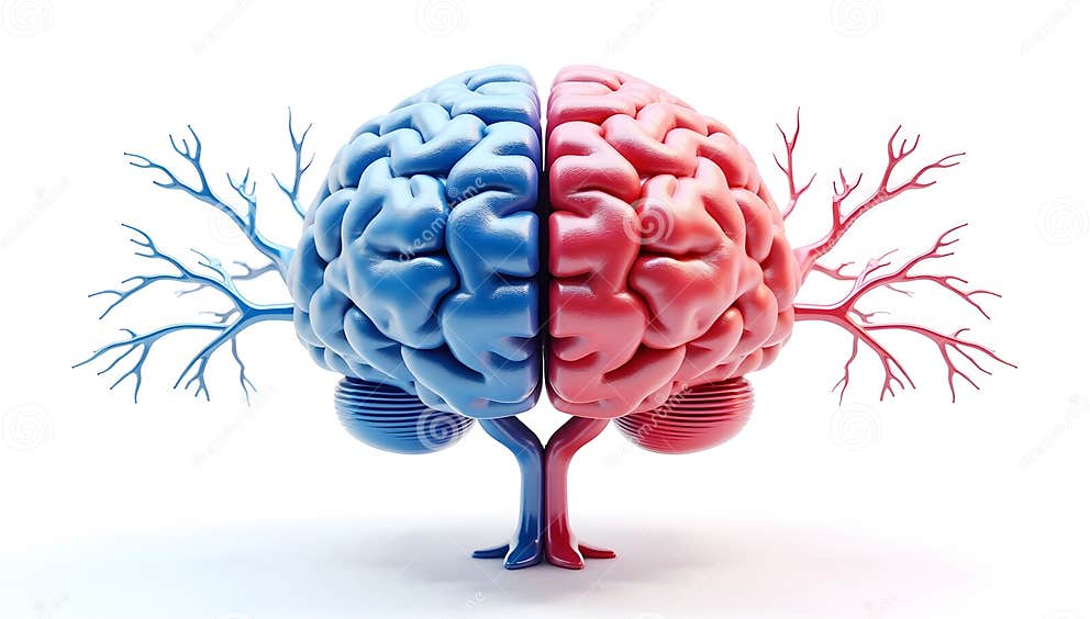 Red Blue Brain Connected Representing, 3D Render, Human Brain, Split ...