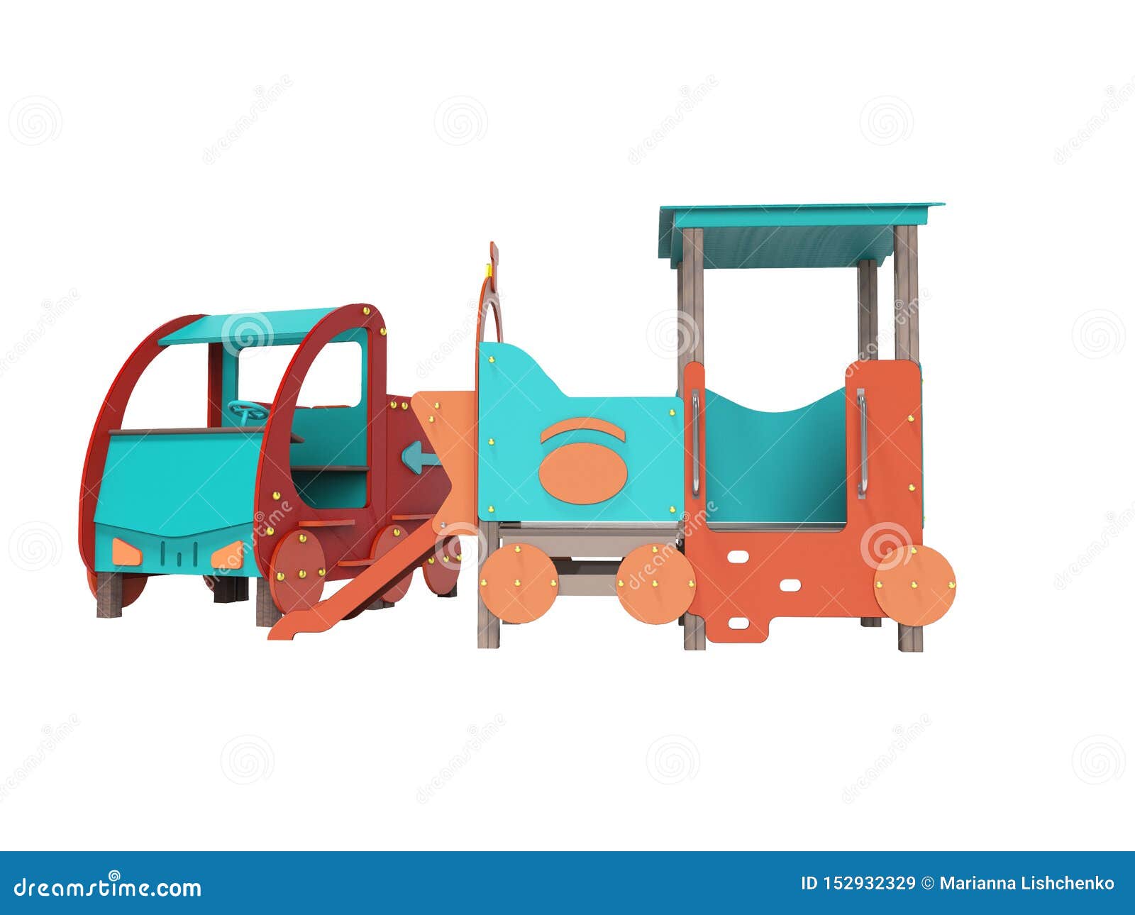 Red Blue Car and Train Playground for Children with Slide 3D Render on ...