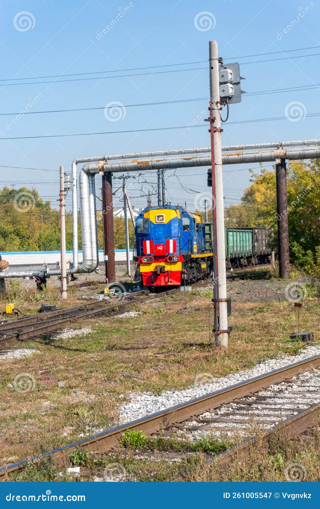 Red-blue Diesel Locomotive Pulling Freight Train Stock Image - Image of ...