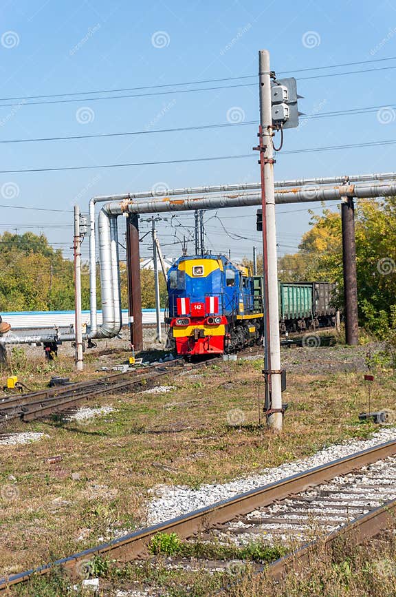 Red-blue Diesel Locomotive Pulling Freight Train Stock Image - Image of ...