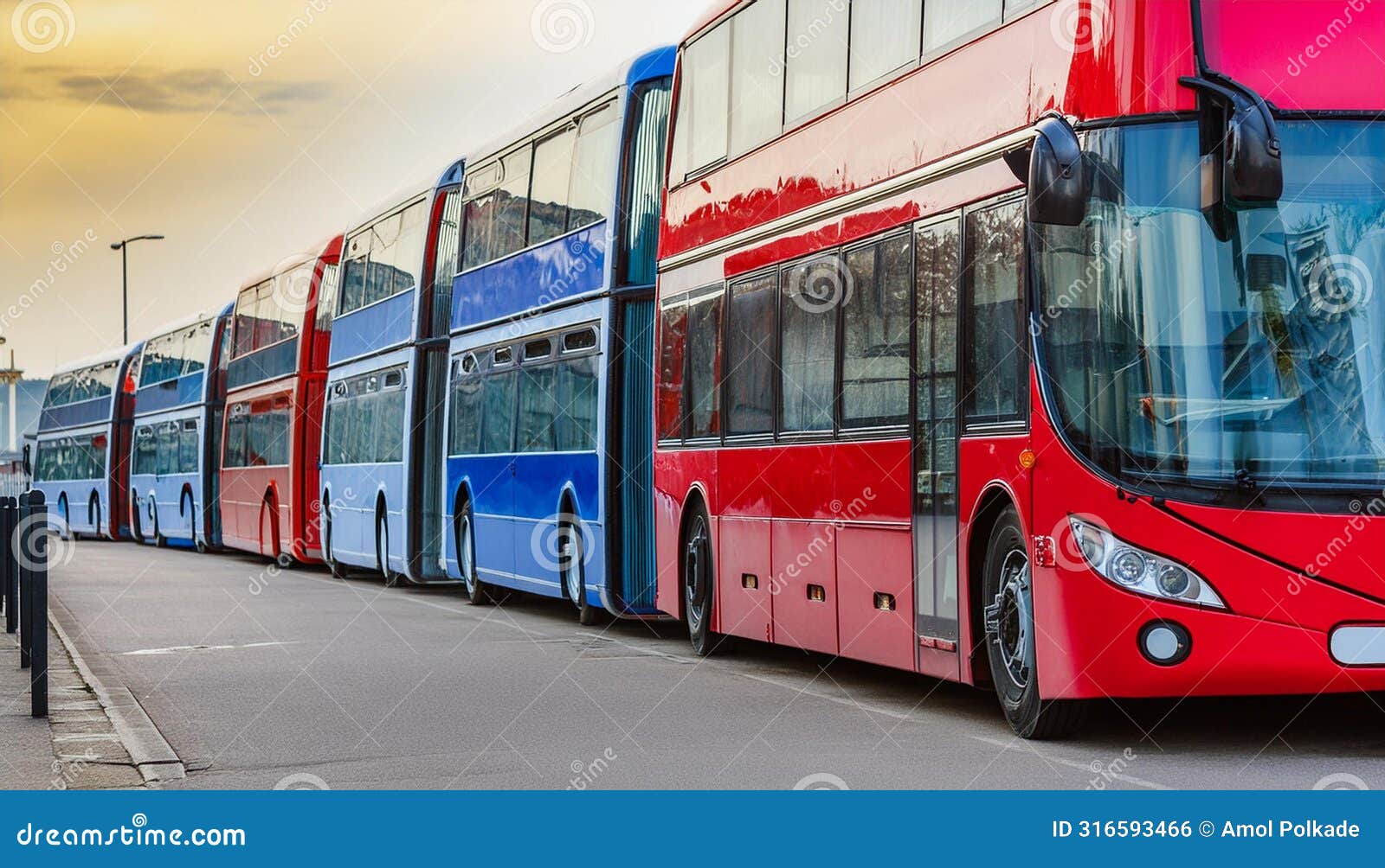 Red Blue Double Decker Buses are Parked at the Bus Stop Close-up Stock ...