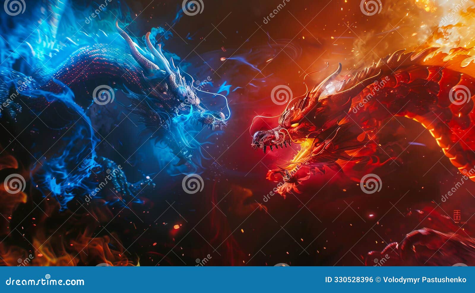 A Red and Blue Dragon Fighting in the Middle of a Fire Stock Photo ...