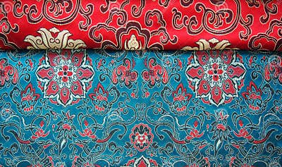 Red and Blue Fabric with Asian Pattern Stock Photo - Image of fabric ...