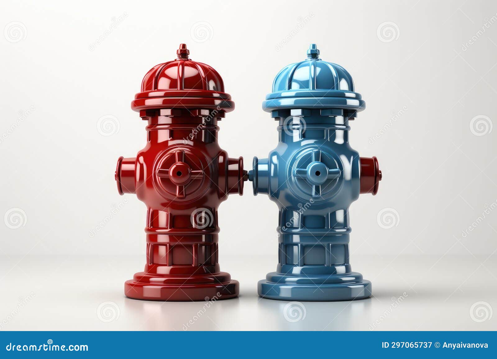 A Red and Blue Fire Hydrant Sitting Next To Each Other Stock ...