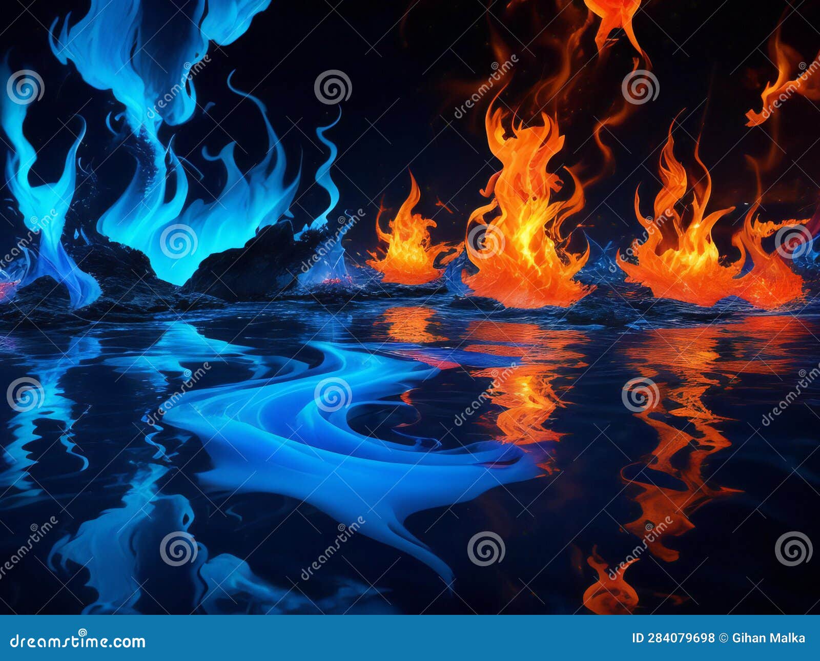 Red and Blue Fire Waves with Reflect Stock Illustration - Illustration ...