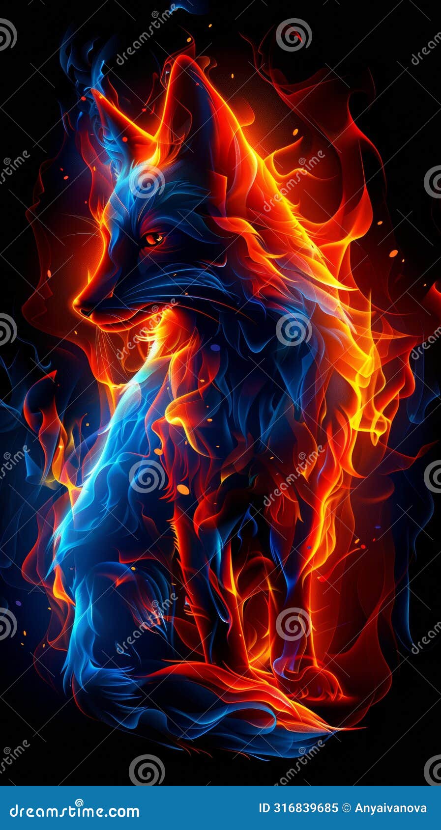 A Red and Blue Fox Sitting in the Dark, a Magical Creature Made of Fire ...