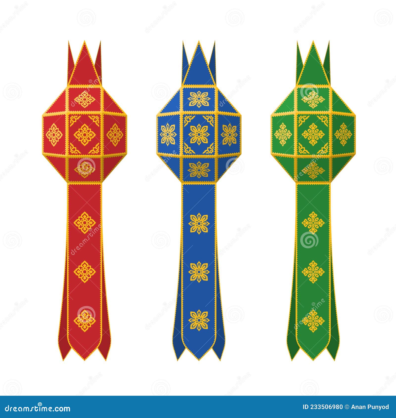 Red, Blue and Green Lanna Lantern Thai Traditional Vector Design Stock ...