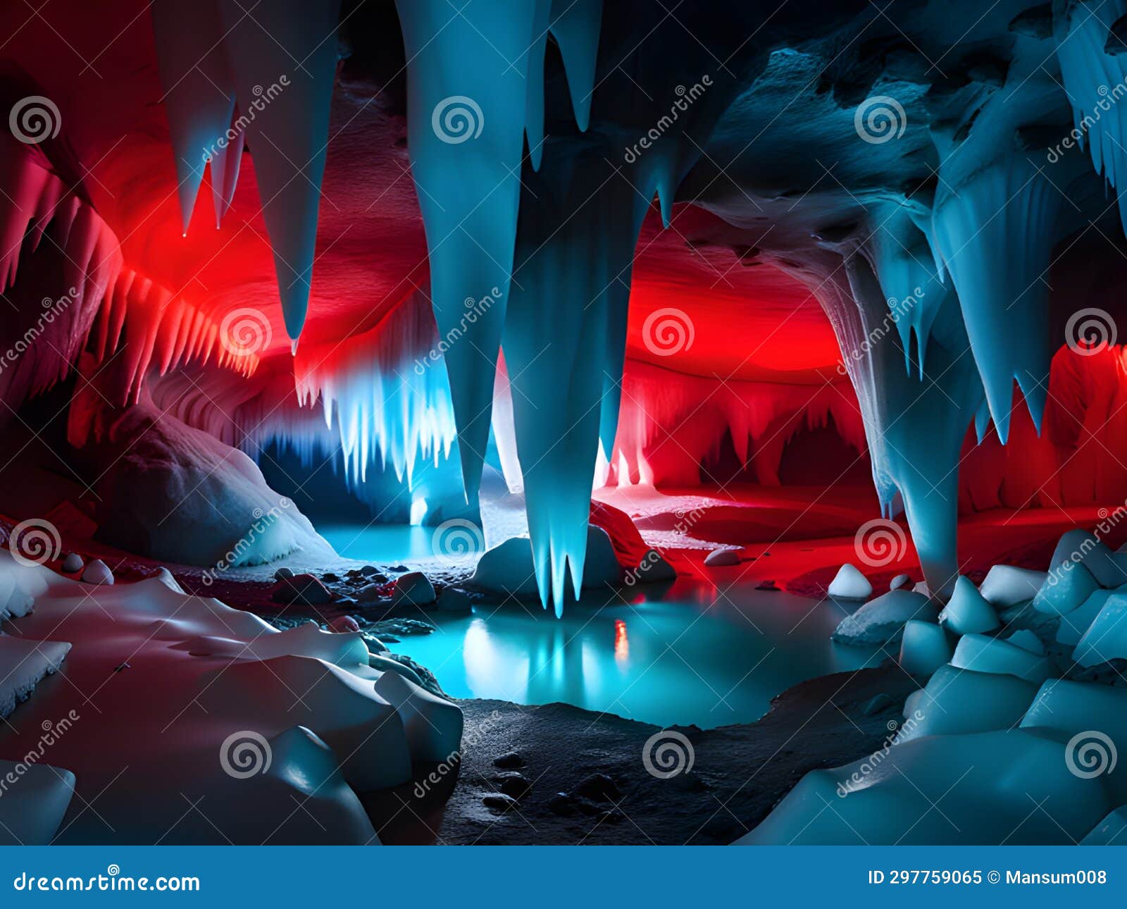 Red and Blue Ice Cave with Icicles Stock Illustration - Illustration of ...