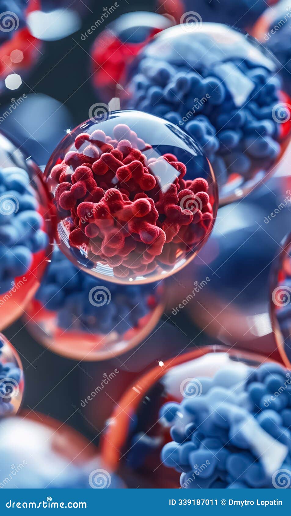 Red and Blue Molecules Float in Scientific Visualization, Particles ...
