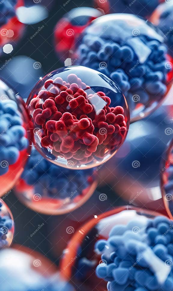 Red and Blue Molecules Float in Scientific Visualization, Particles ...