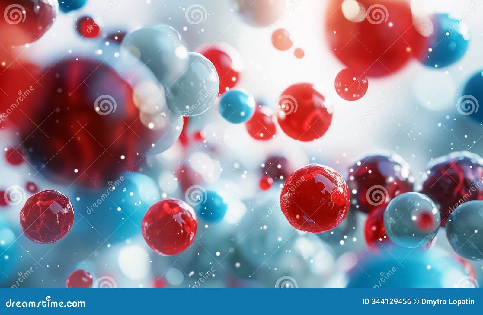 Red and Blue Molecules Float in Scientific Visualization, Particles ...