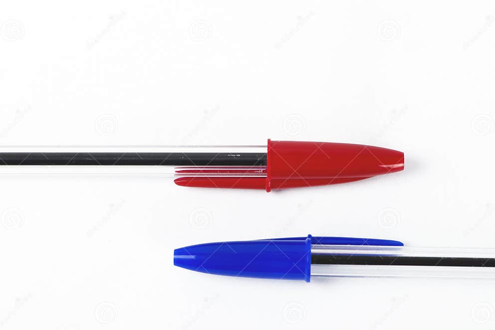 Red and Blue Pen on White Background. Stock Image - Image of product ...