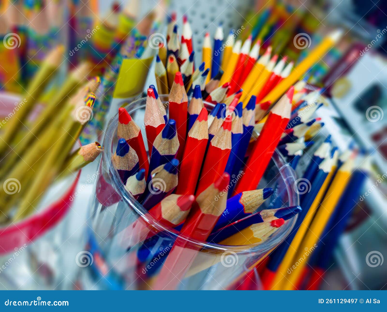 Red and Blue Pencils in a Glass Beaker. Selective Focus Stock Image ...