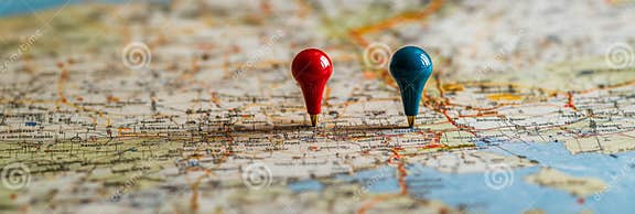 Red and blue pins on a map stock illustration. Illustration of travel ...