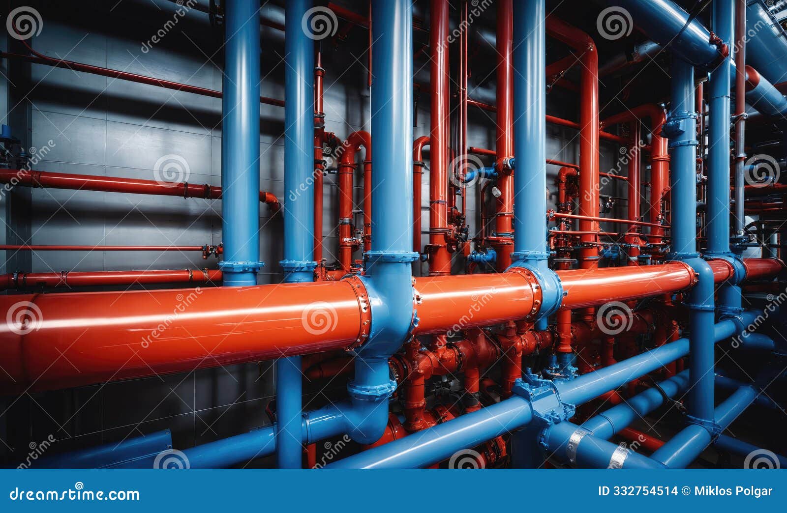 Red and Blue Pipes Run Horizontally and Vertically in a Building Stock ...