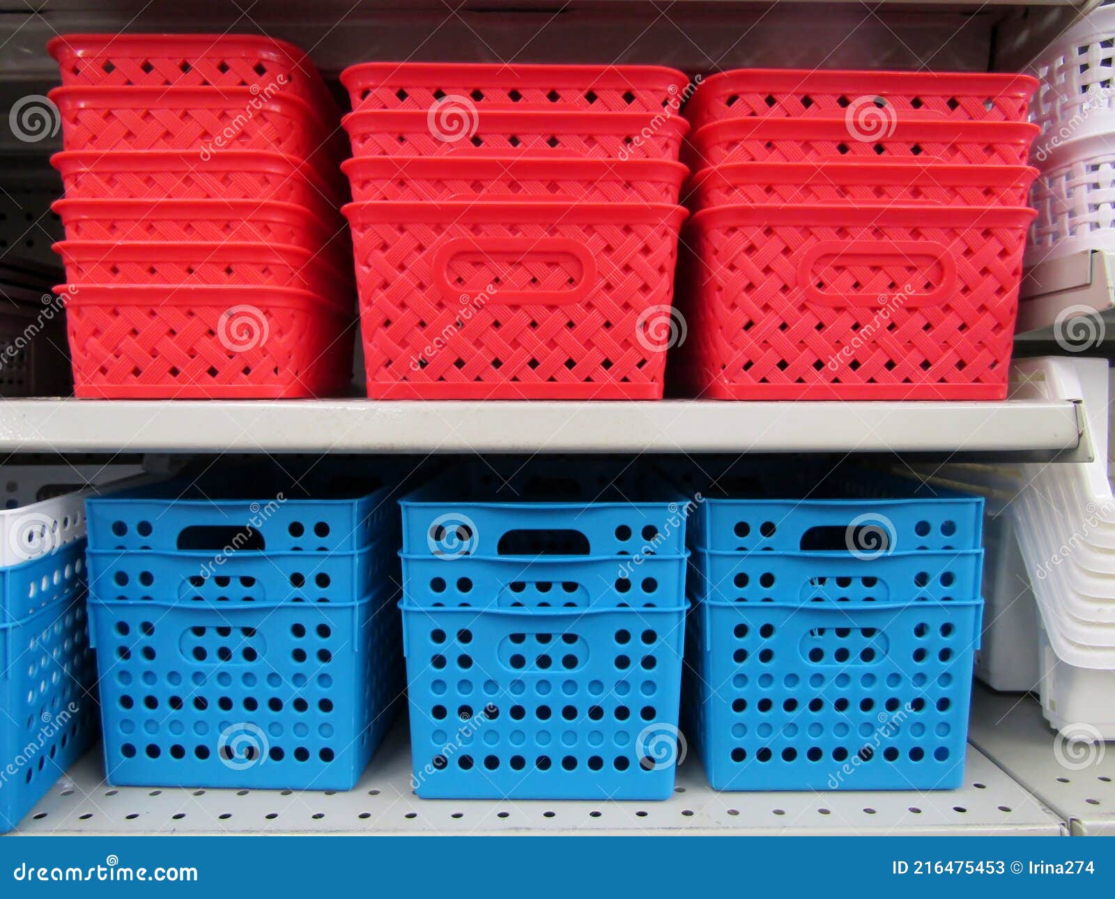 Red and Blue Plastic Mesh Organizer Storage Baskets Stock Image - Image ...