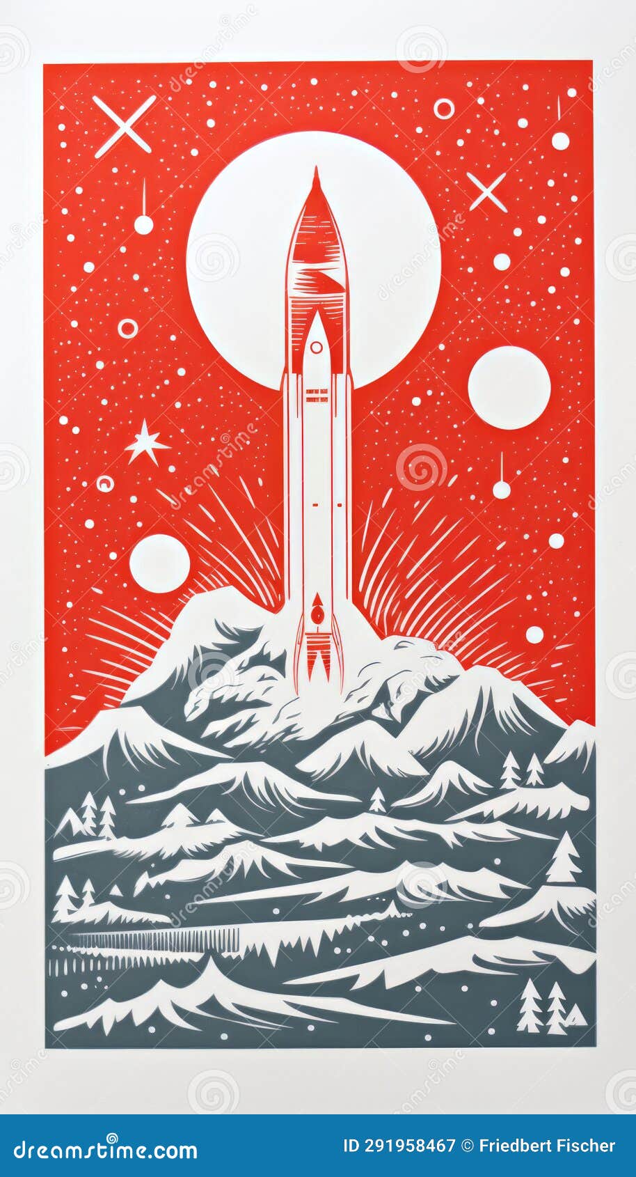 A Red and Blue Poster with a Rocket in the Sky. Stock Image - Image of ...