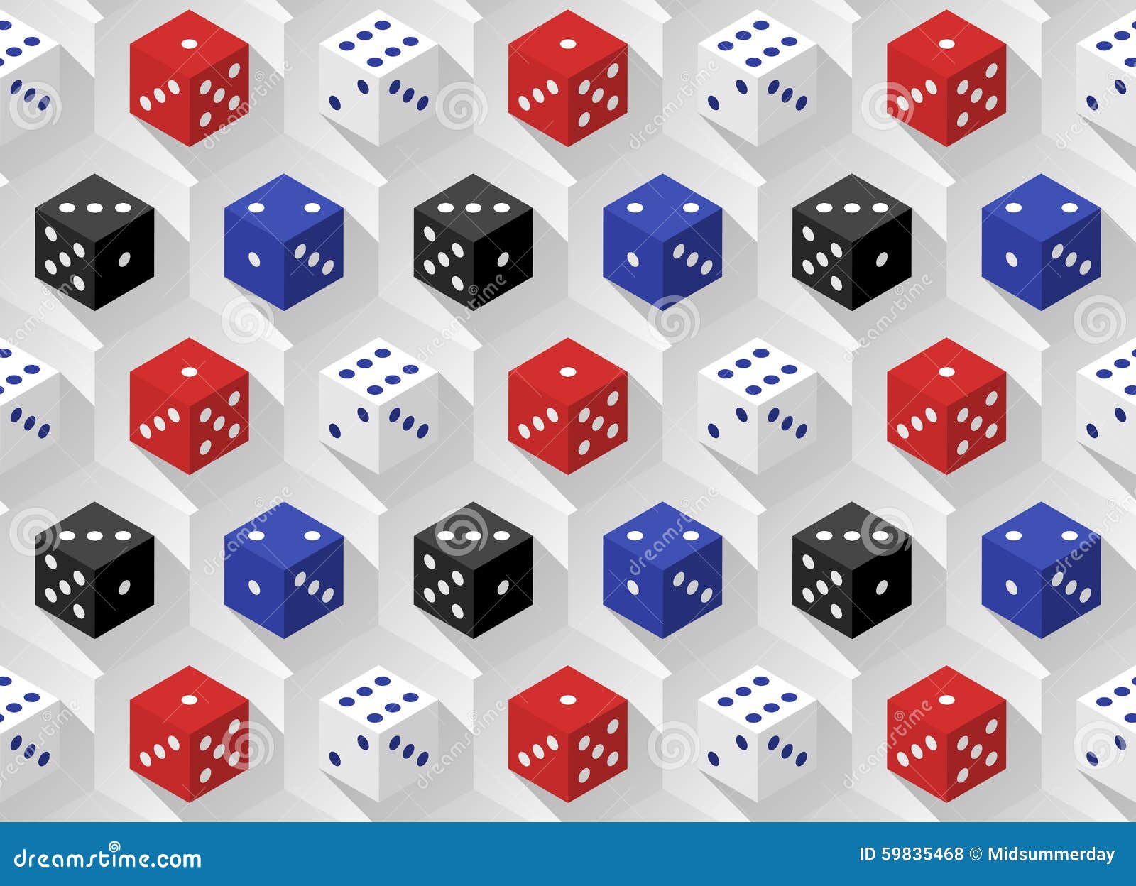 Red, Blue, White and Black Casino Dice with Long Shadows on a Hexagonal ...