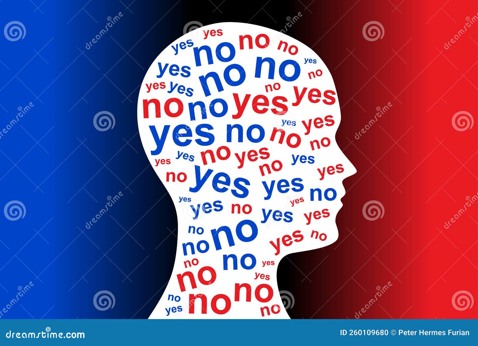 YES and NO, Words Colored Red and Blue, in a White Silhouette of a Head ...
