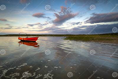 Red boat stock image. Image of tide, boat, reflections - 14016691