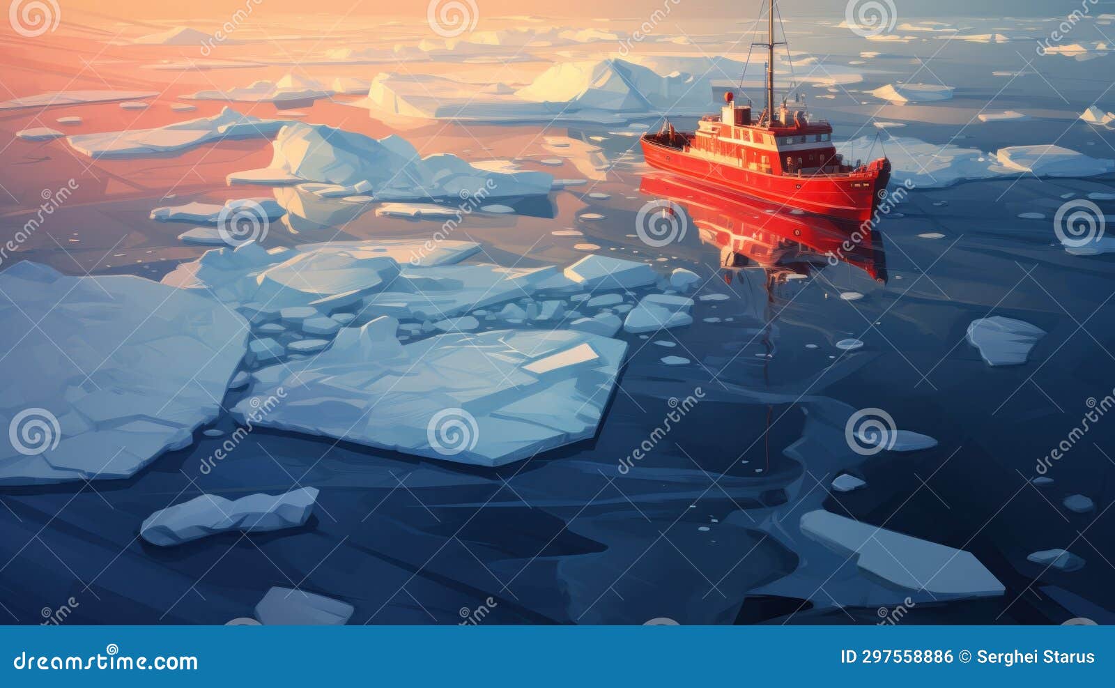 A Red Boat Floating in the Water with Icebergs, AI Stock Illustration ...